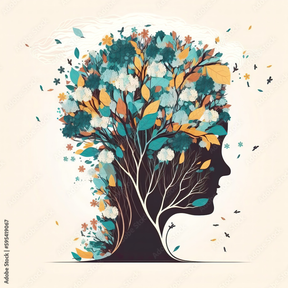 Human face tree with flowers mental health, self care concept, positive ...