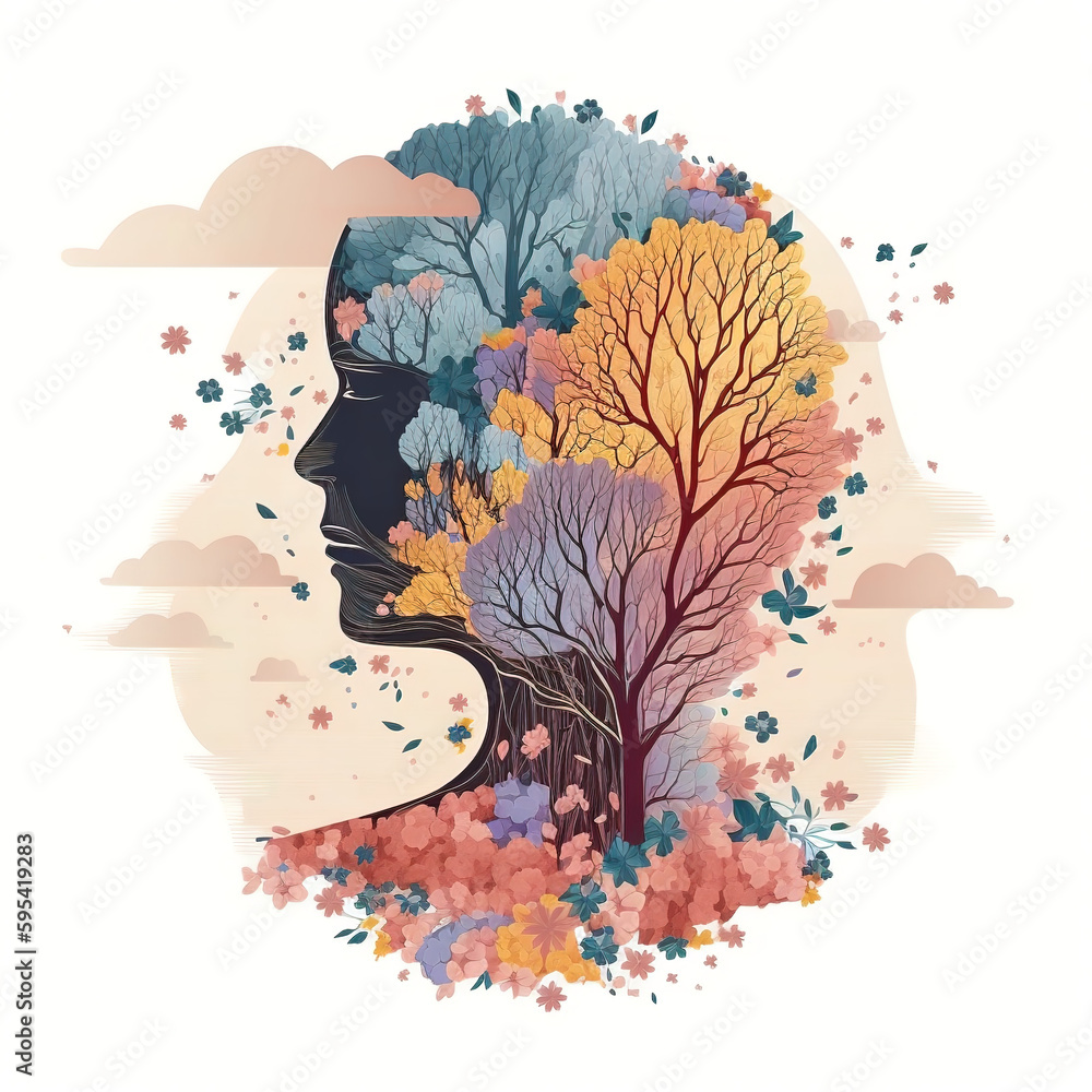 Human face tree with flowers mental health, self care concept, positive ...