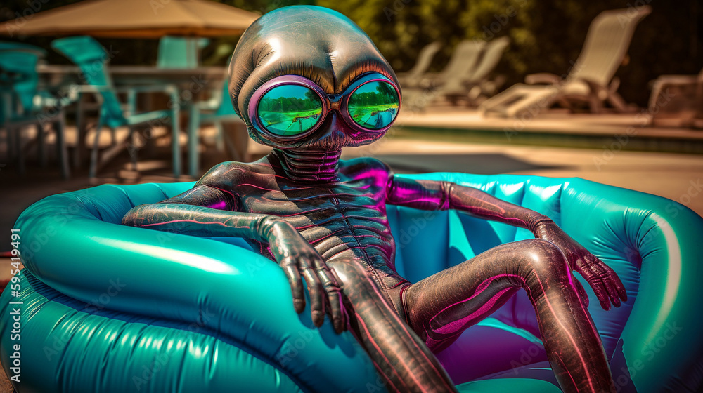 A vivid photo of an alien on an inflatable chair in the pool, colorful ...