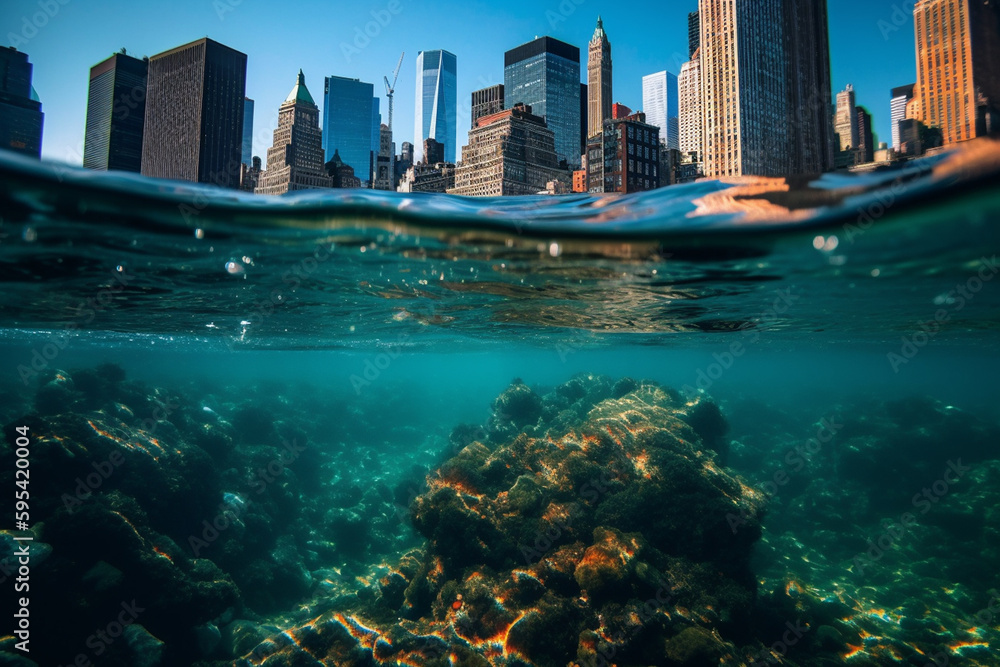 abstract, increase water level, water level rises, fictitious city is ...