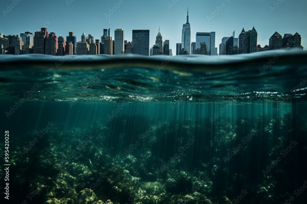abstract, increase water level, water level rises, fictitious city is ...
