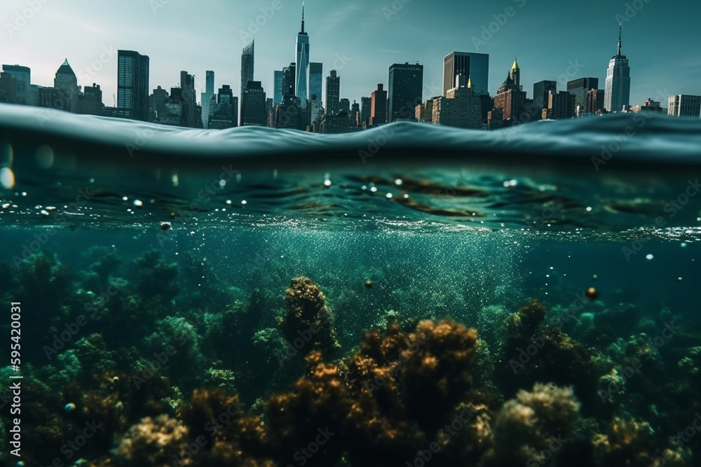 abstract, increase water level, water level rises, fictitious city is ...