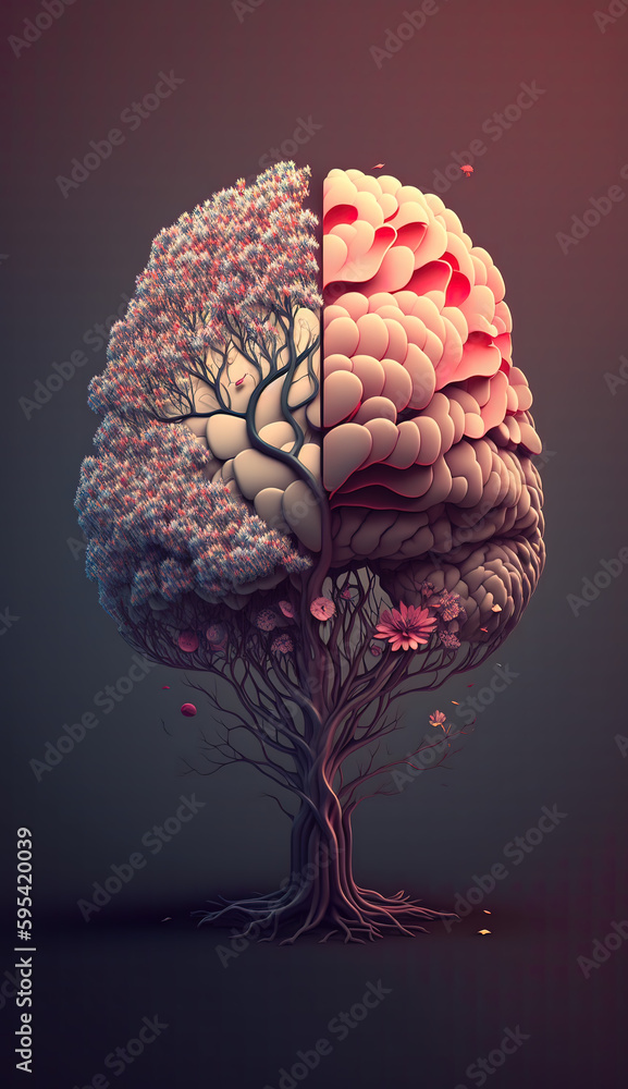 Human brain tree with flowers mental health, self care concept ...