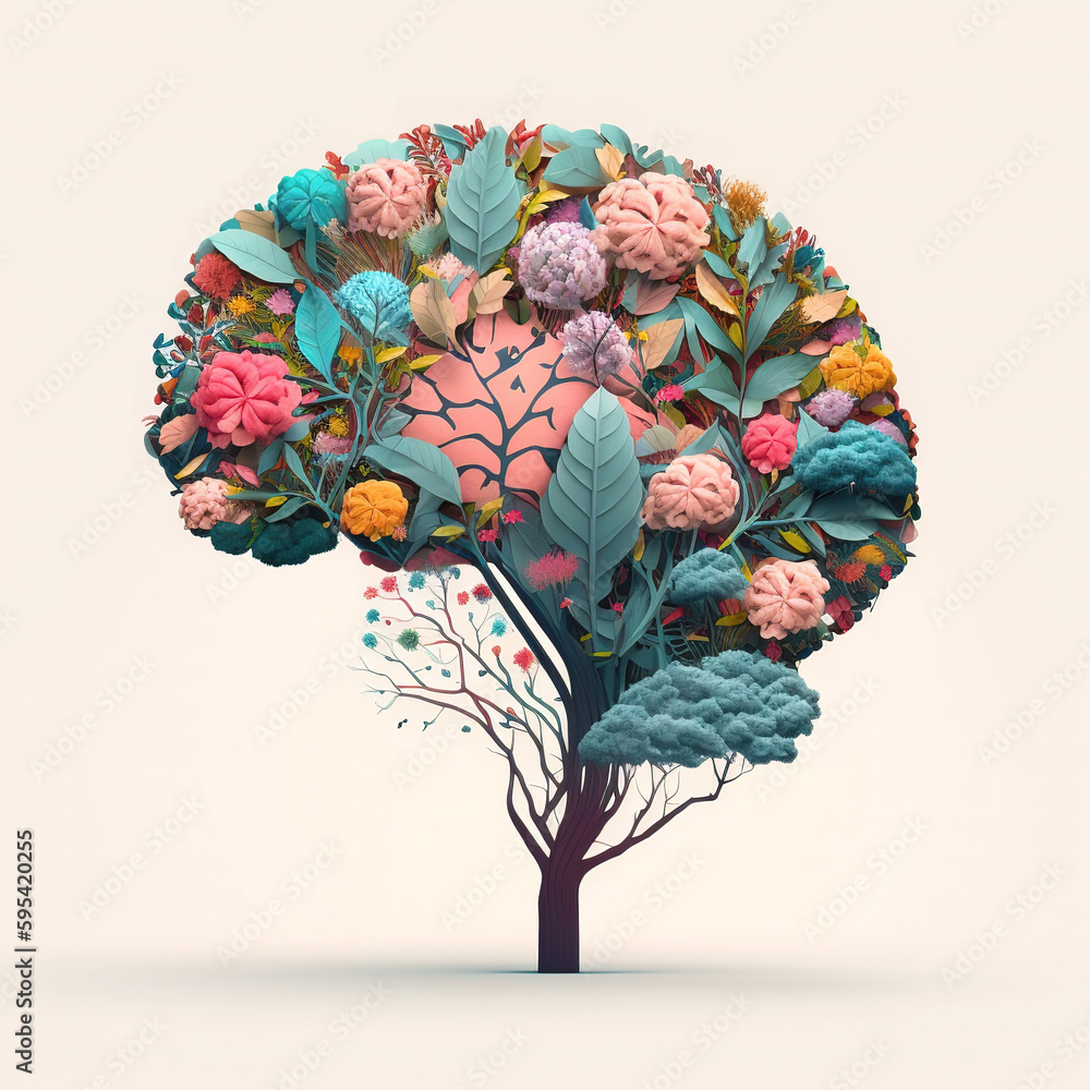 Human brain tree with flowers mental health, self care concept ...