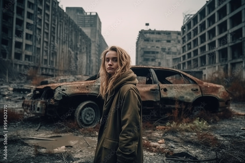 fictional apocalypse or war zone, wrecked cars and destroyed abandoned ...