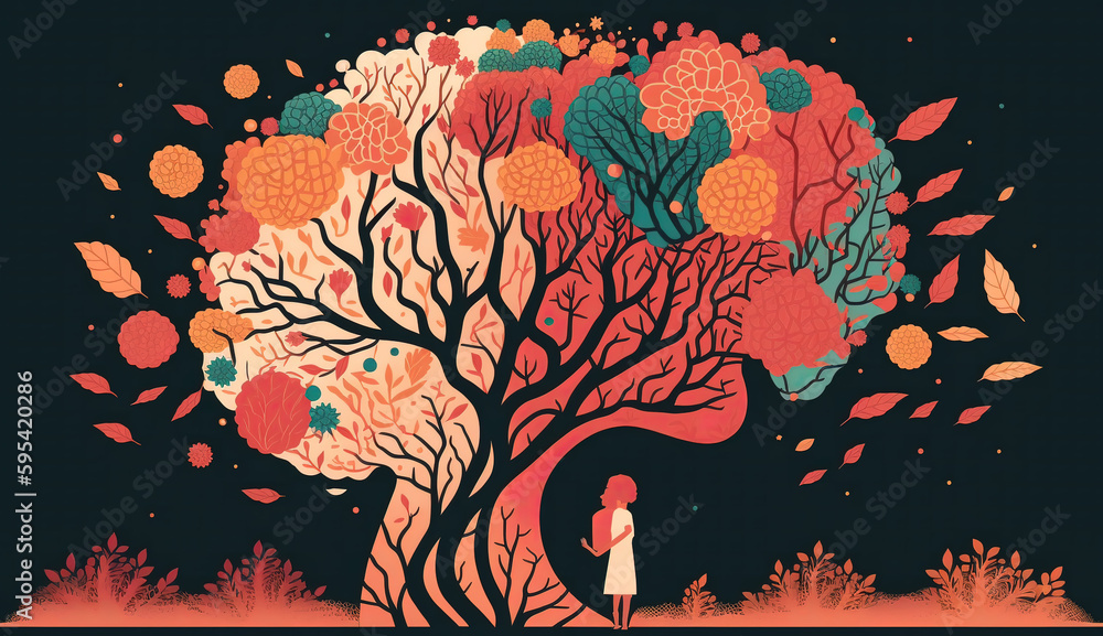 Human brain tree with flowers mental health, self care concept ...