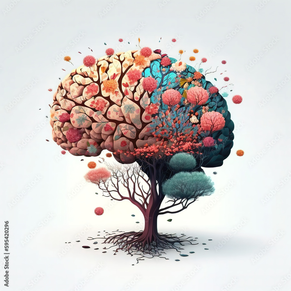 Human brain tree with flowers mental health, self care concept ...