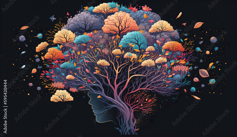 Human brain tree with flowers mental health, self care concept ...