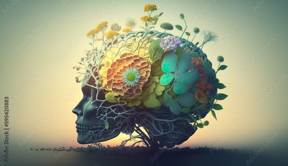 spring flowers growing out of a glowing human brain, symbolising mental ...
