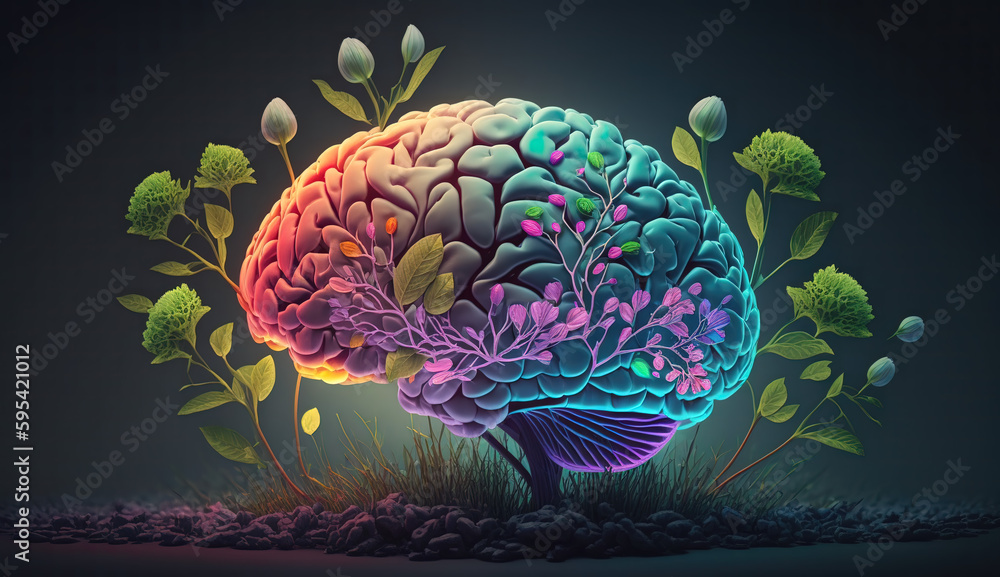 spring flowers growing out of a glowing human brain, symbolising mental ...