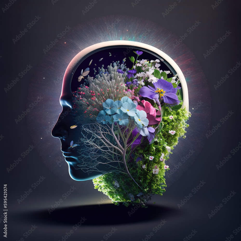 spring flowers growing out of a glowing human brain, symbolising mental ...
