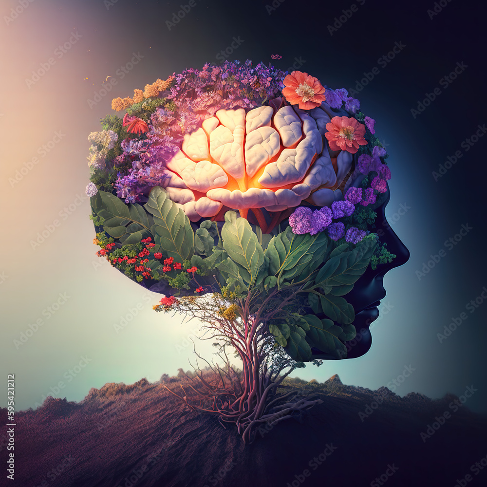 spring flowers growing out of a glowing human brain, symbolising mental ...