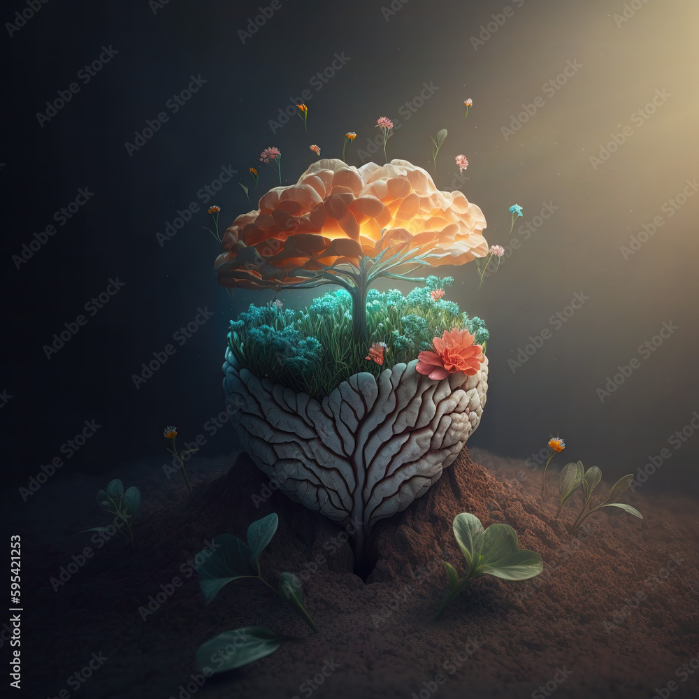 spring flowers growing out of a glowing human brain, symbolising mental ...