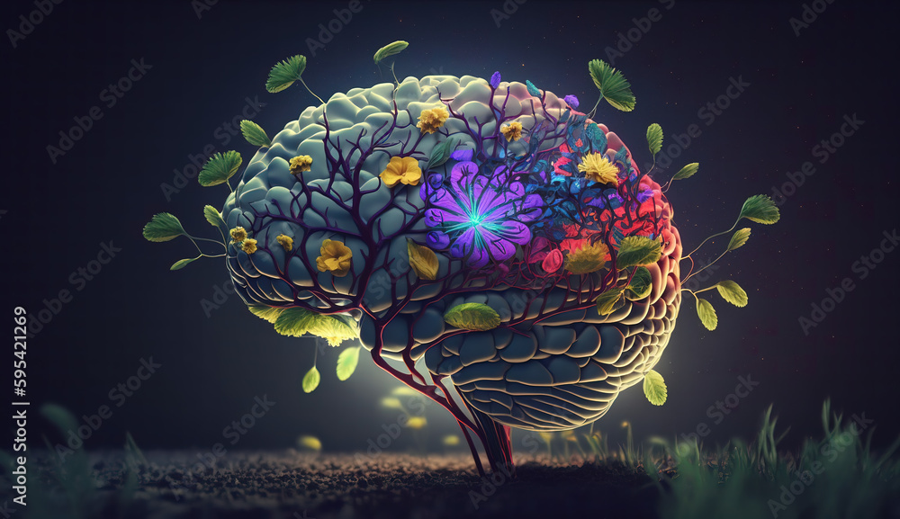 spring flowers growing out of a glowing human brain, symbolising mental ...