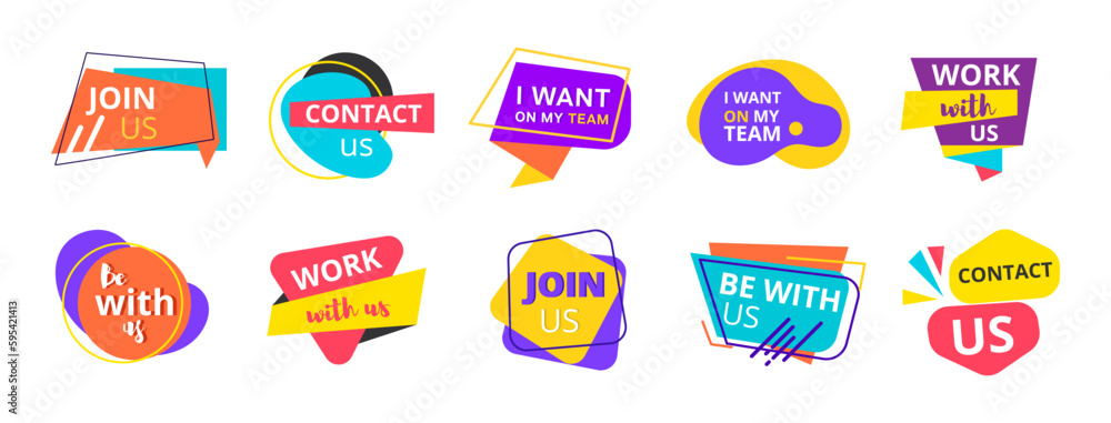 Join us sticker set. Pack of graphic elements for website. Company ...