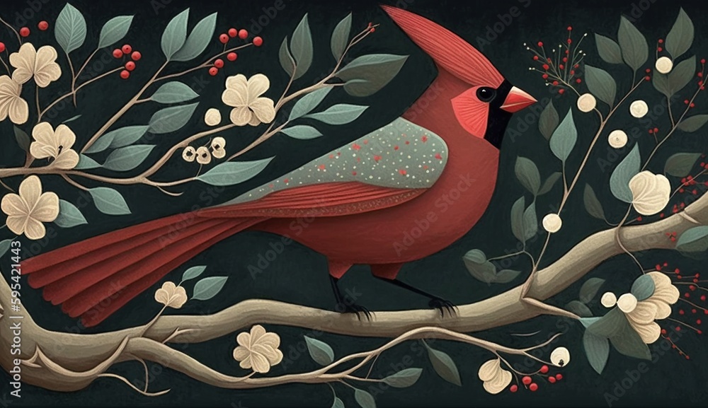 Storybook / Folk Art Style Cardinal in a Forest Clearing. Red Bird with ...