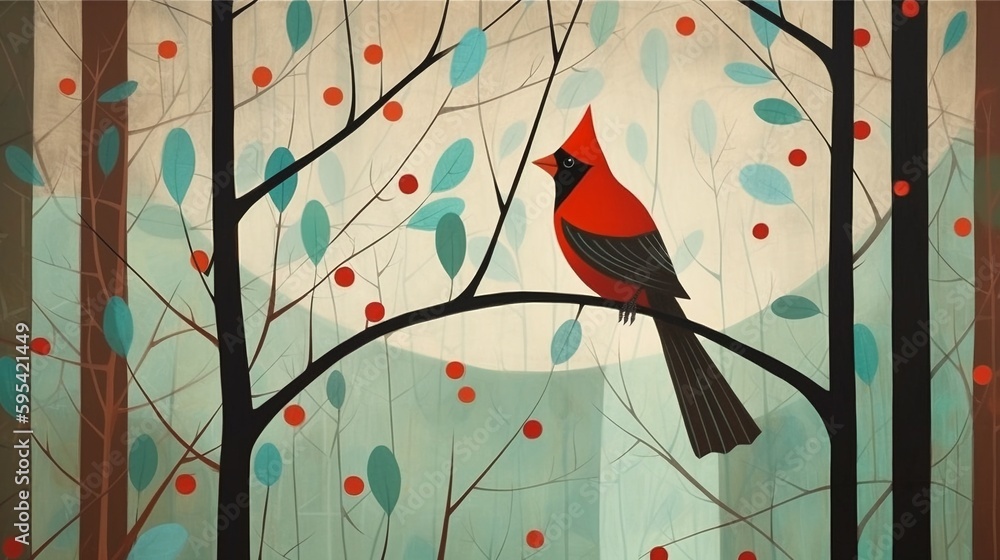 Storybook / Folk Art Style Cardinal in a Forest Clearing. Red Bird with ...