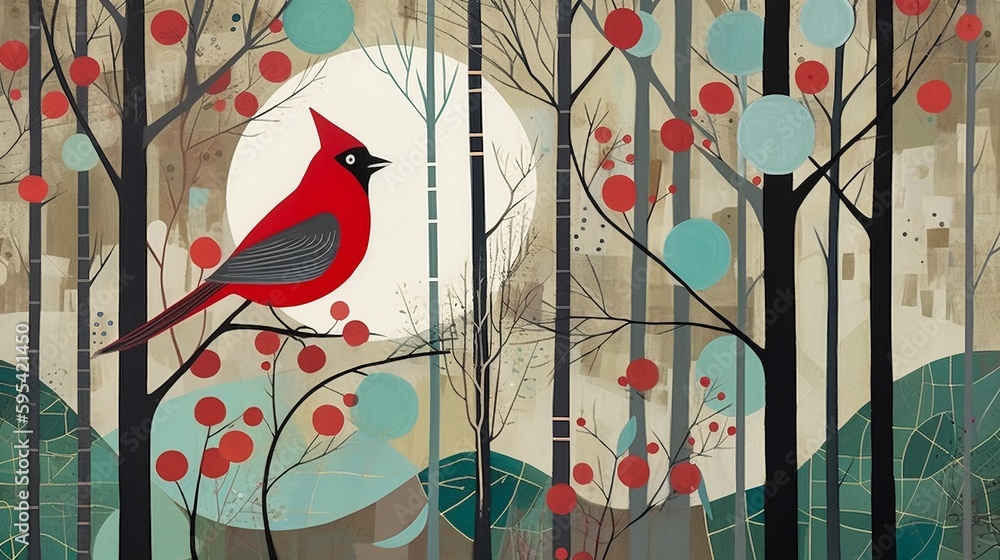 Storybook / Folk Art Style Cardinal in a Forest Clearing. Red Bird with ...