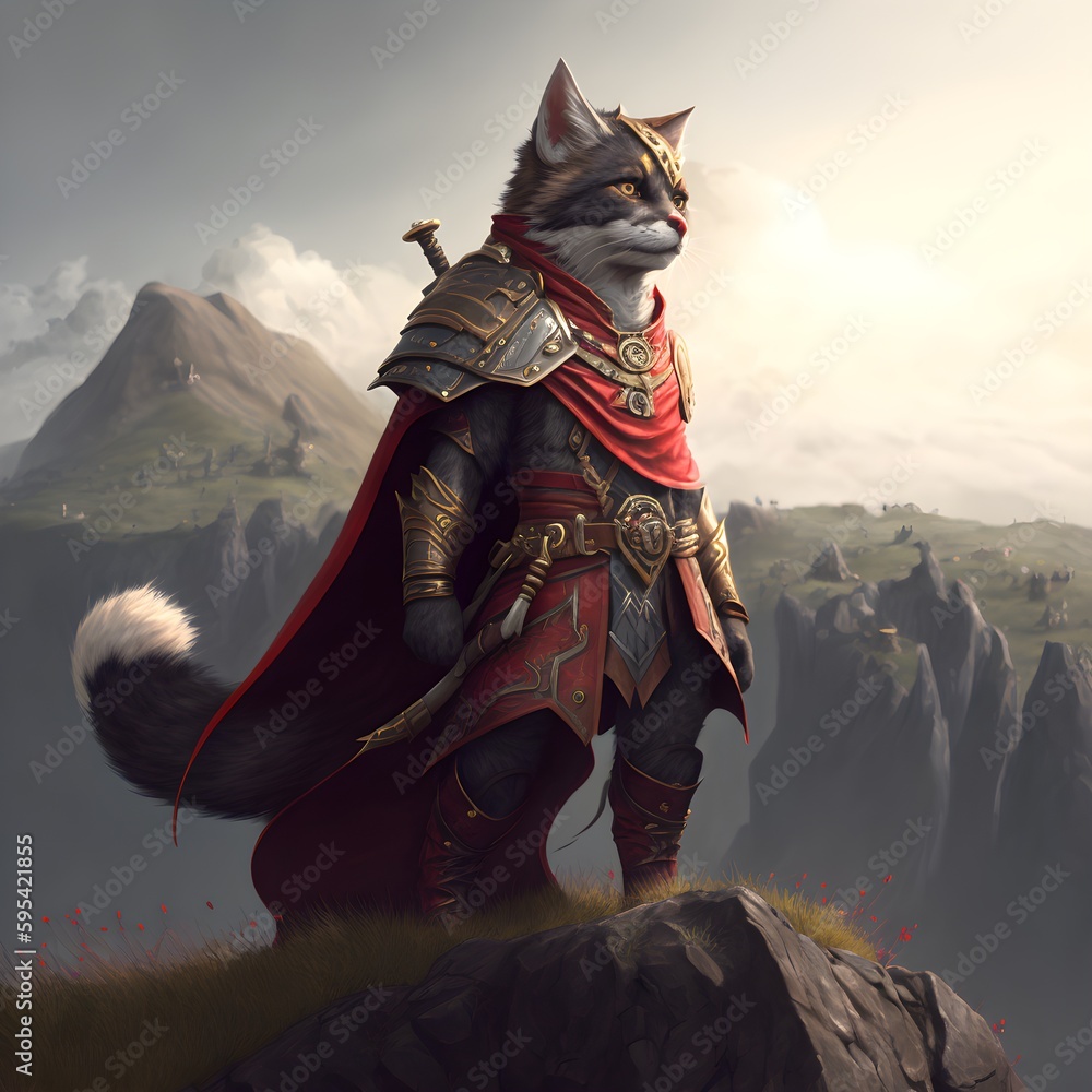 an anthropomorphic cat ranger in red and black leather armor with gold ...