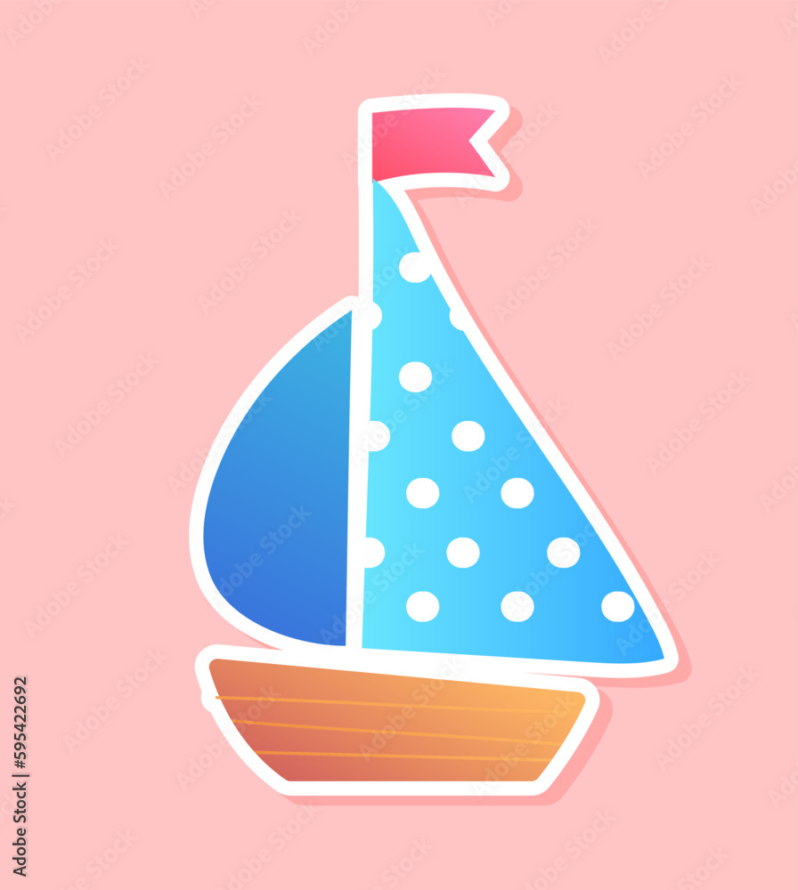 Boat sticker concept. Ship with blue sails. Sea travel and cruises ...