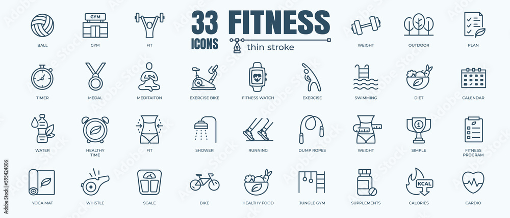 Poster Fitness icon set with editable stroke and white background ...