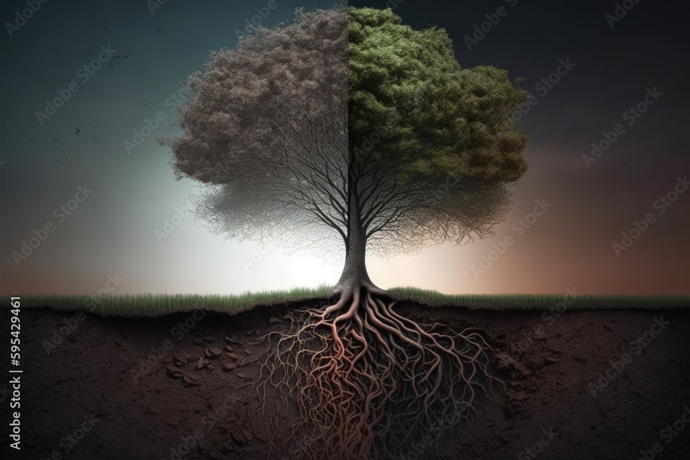 Tree and roots illustration, tree split in half with two colors ...