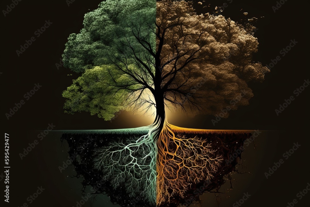 Tree and roots illustration, tree split in half with two colors ...