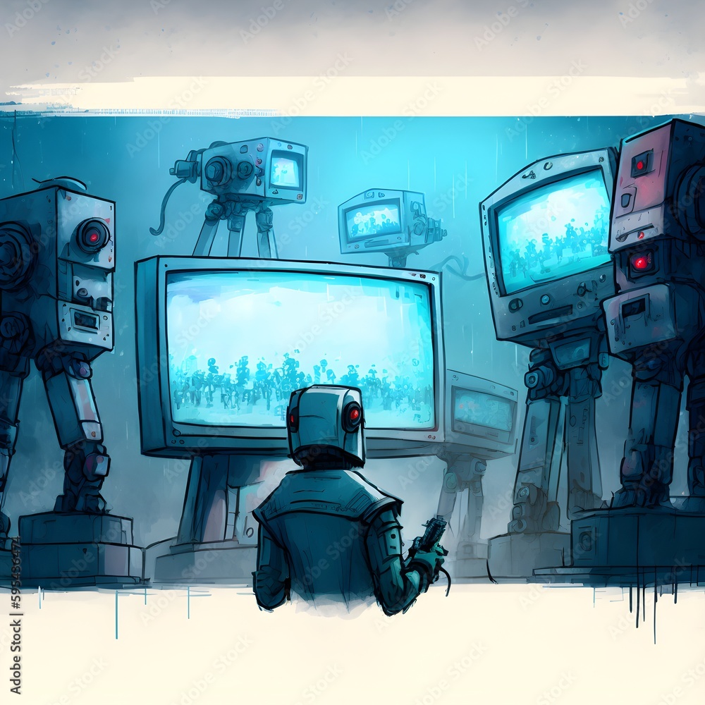 hundreds of robots stare at giant television screens dystopian no ...