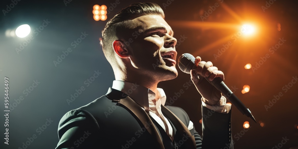 Male jazz singer sing jazz song on the stage at night in jazz club ...