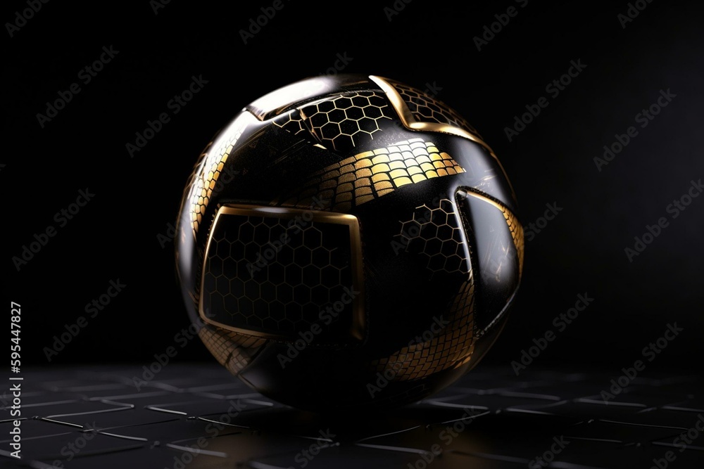 Black and gold football with geometric grid wave under black background ...