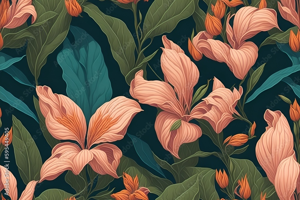 Seamless flower and leaf patterns, lilies theme, repeating patterns ...