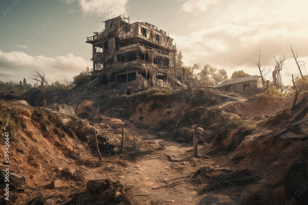 Devastated remains of post-apocalyptic terrain. Generative AI Stock ...