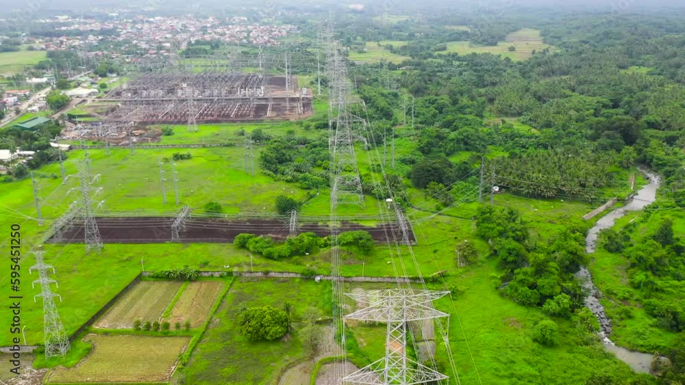 Aerial view of a high voltage substation. Distributing high voltage ...