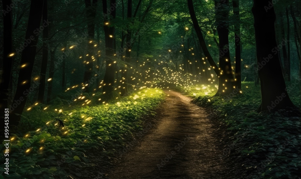 Photo & Art Print The forest path is alive with the glow of fireflies ...