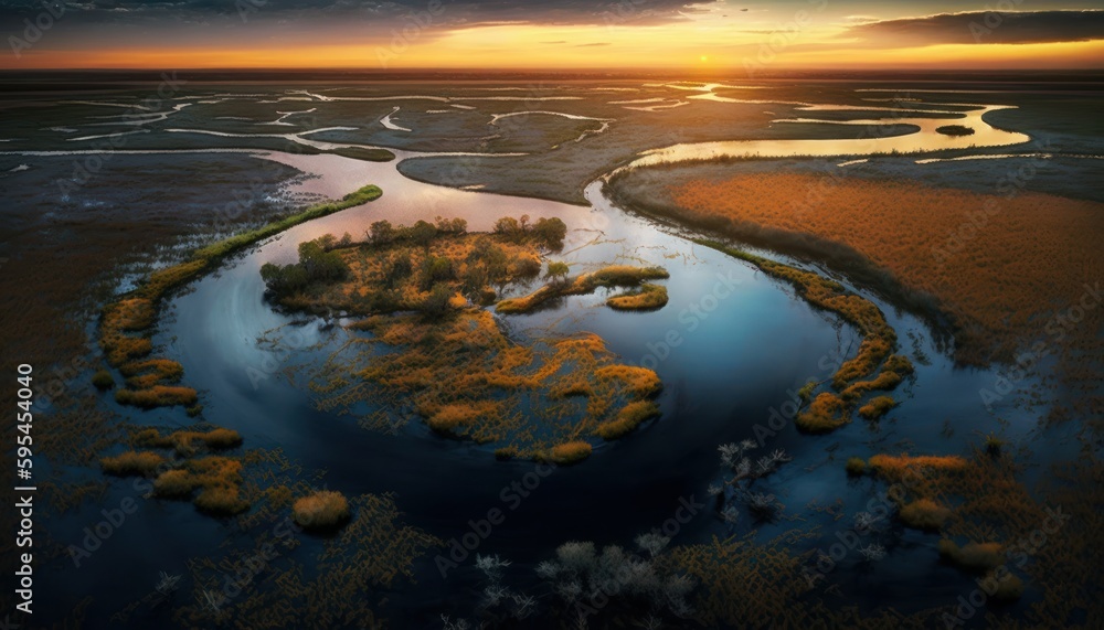 A breathtaking aerial view of the Wetland Sunset captured during the ...