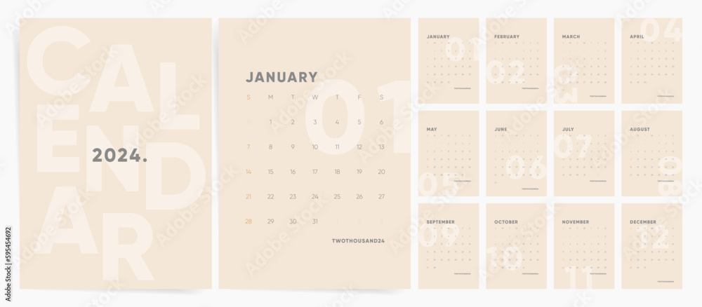 2024 Calerndar Vector Teamplate . Monthly 2024 Calendar with boho ...