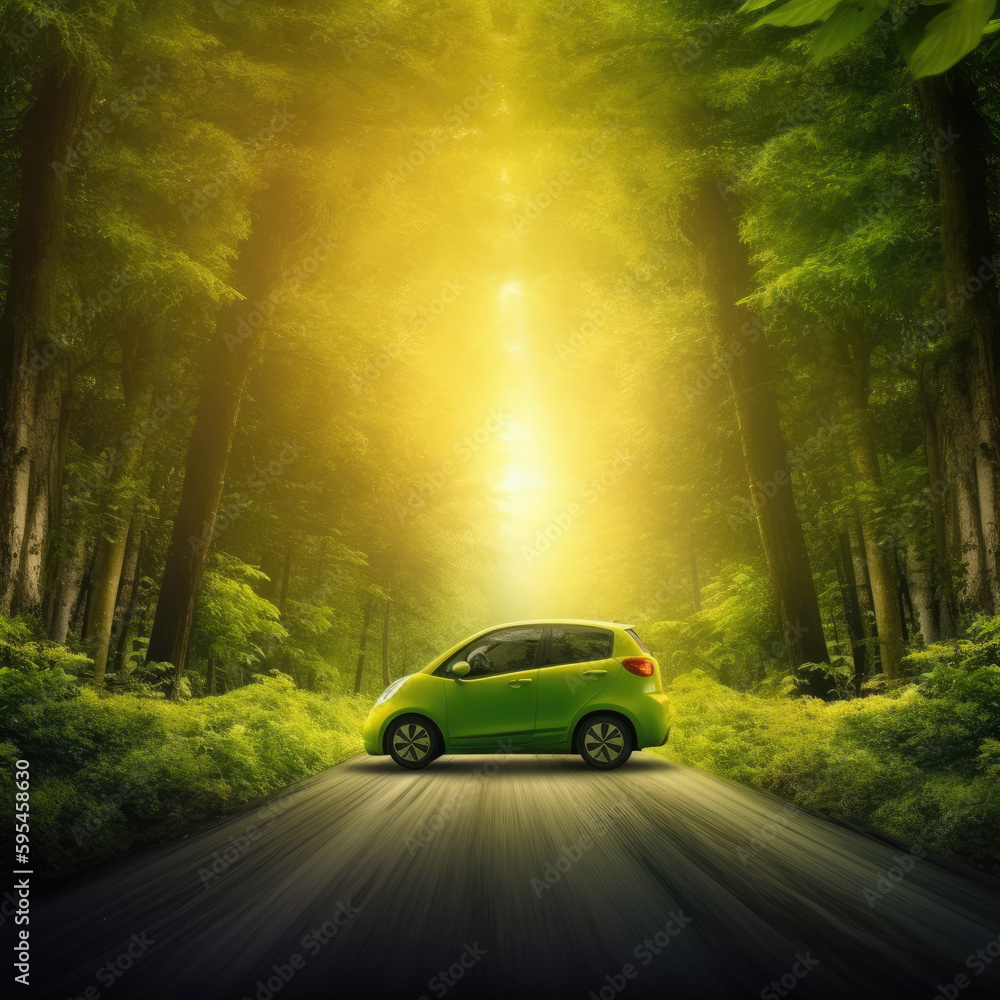 Eco-Friendly Green Car in a Forest side view in the middle of the path ...