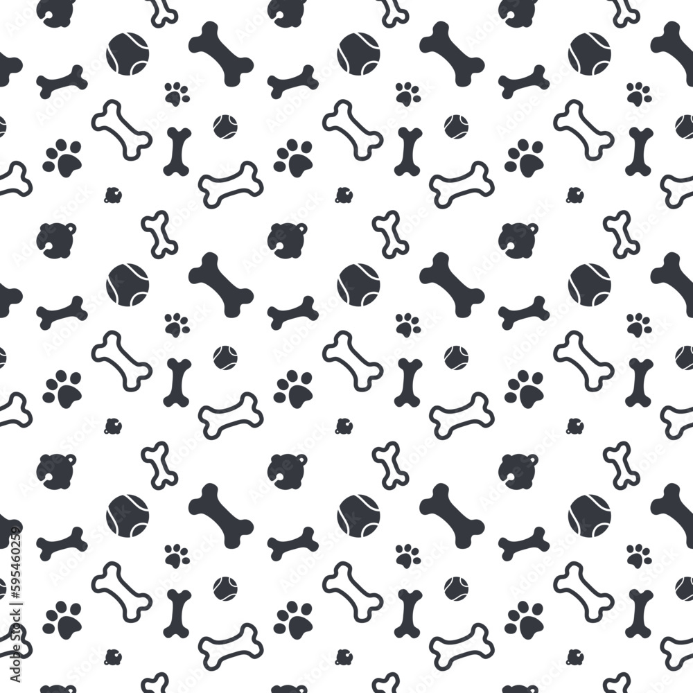 Seamless pattern cat, dog, paw footprint, and pet toy design background ...