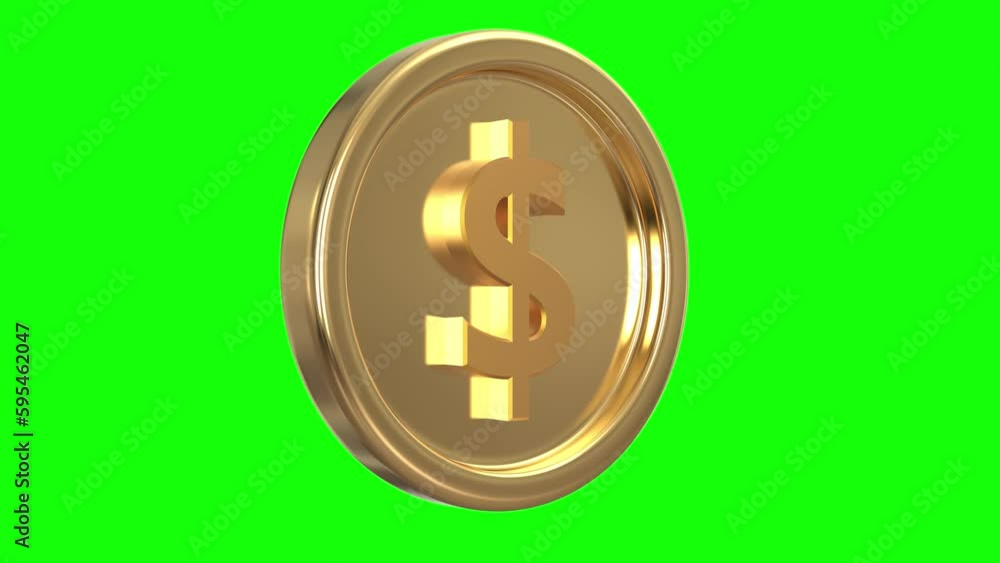 A gold shiny coin with a dollar sign rotates 360 degrees on a green ...