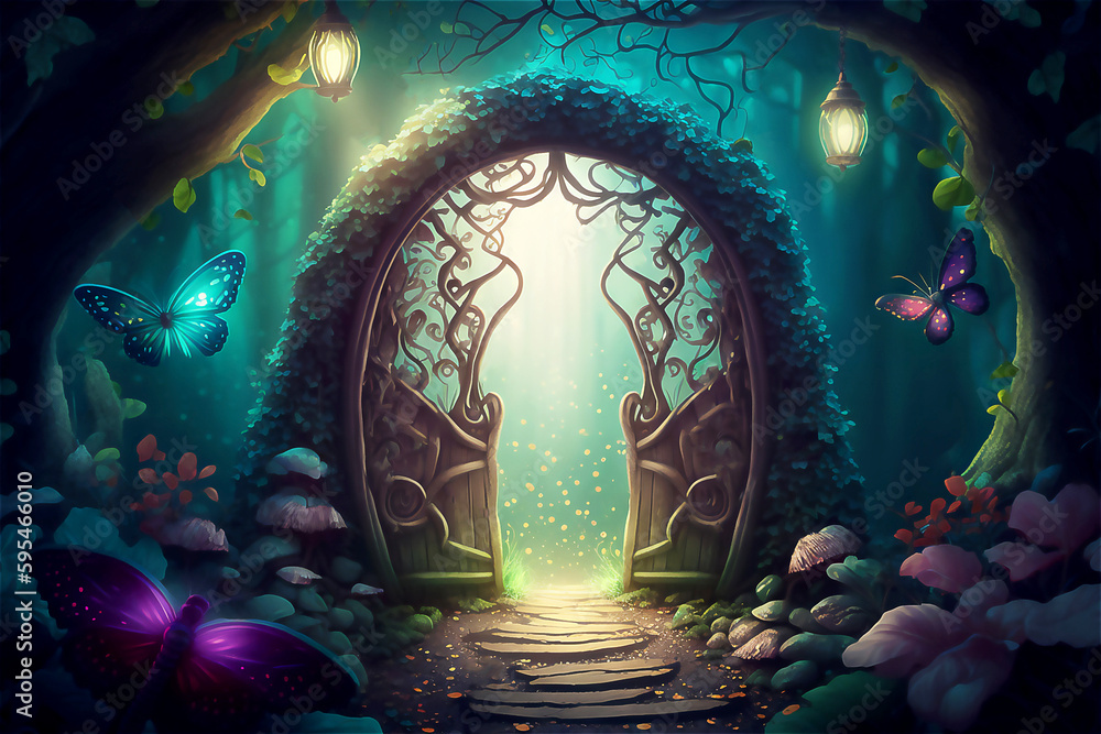 Fantasy enchanted fairy tale forest with magical secret door. Digital ...