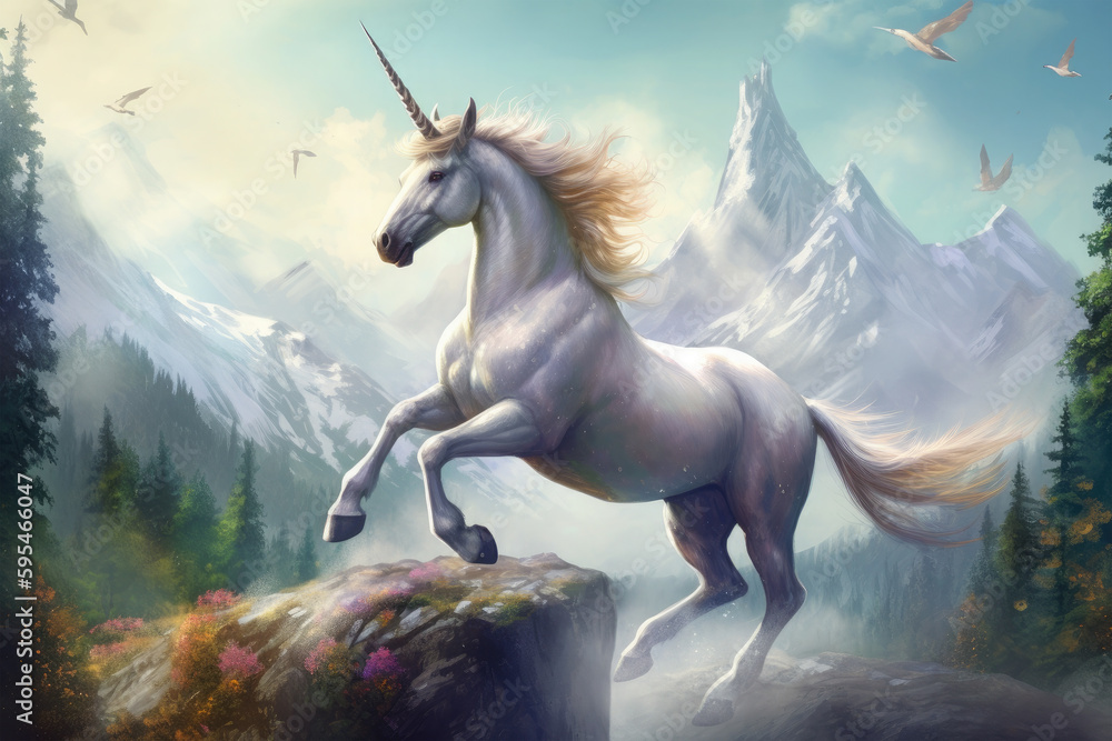 Illustrate a watercolor image of a unicorn rearing up on its hind legs ...
