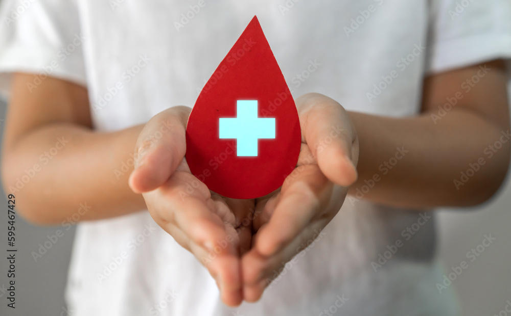 Child kid hand holding blood drop donation, save life, world hemophilia ...