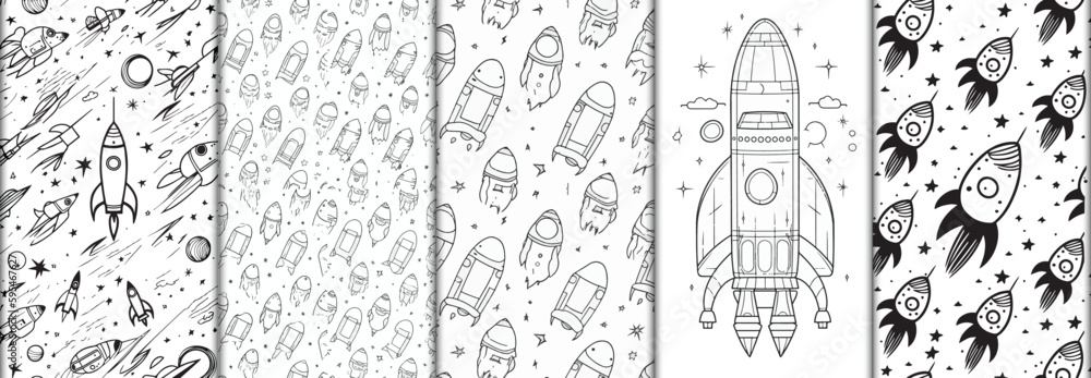 Rocket seamless pattern silhouette background. Black and white spaced ...