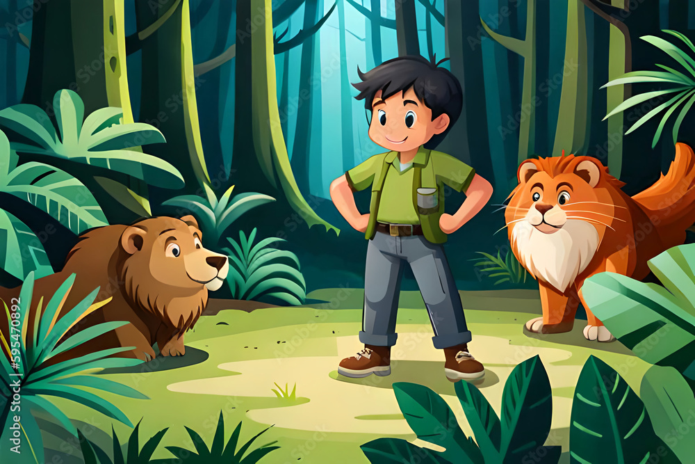 A Cute Kid Character exploring Wildlife in the jungle, Adventures with ...
