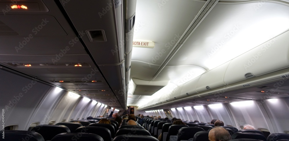 The inside of the fuselage of an aircraft ready for take off. Stock ...
