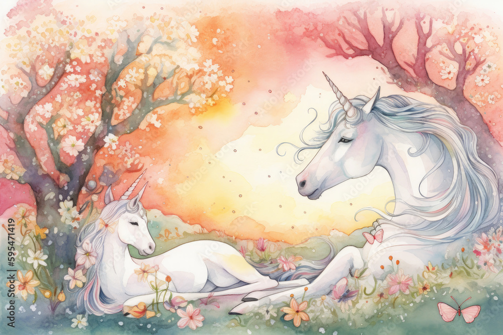 Illustrate a peaceful watercolor painting of a unicorn and Pegasus ...