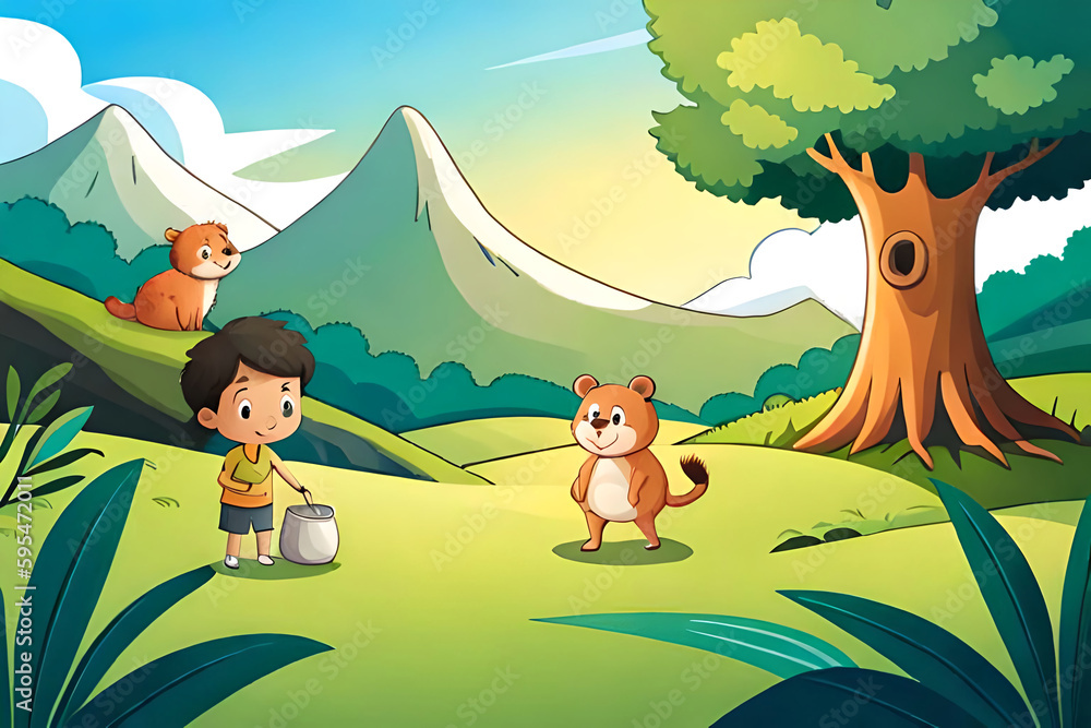A Cute Kid Character with his pet animals in the jungle, Exploring ...