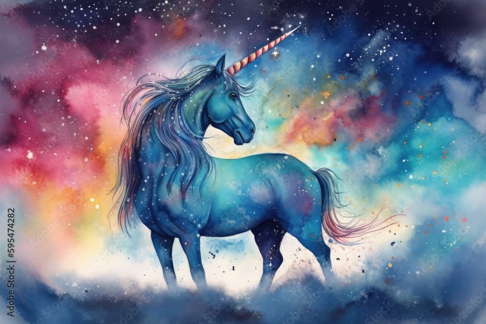 Design a magical watercolor picture of a unicorn walking on a rainbow ...