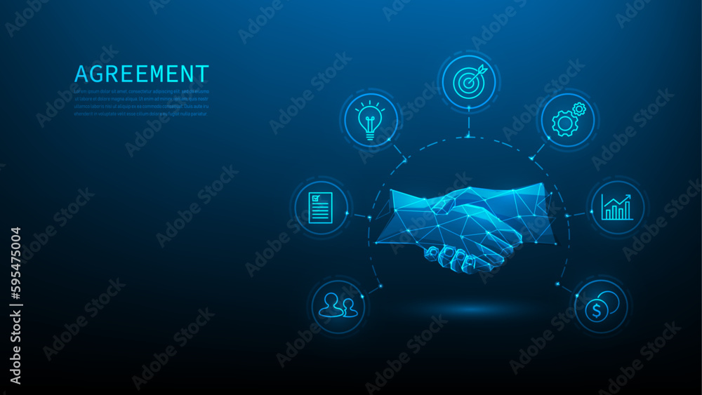 hand agreement contract technology with icon on blue background ...