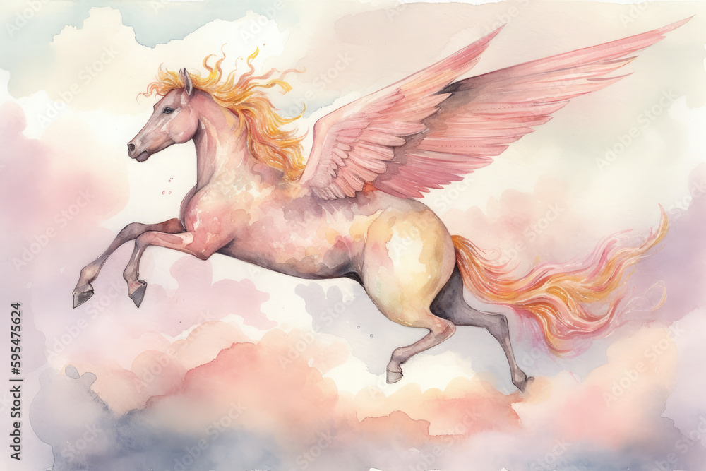 Paint a watercolor image of a unicorn in flight, with its mane and tail ...